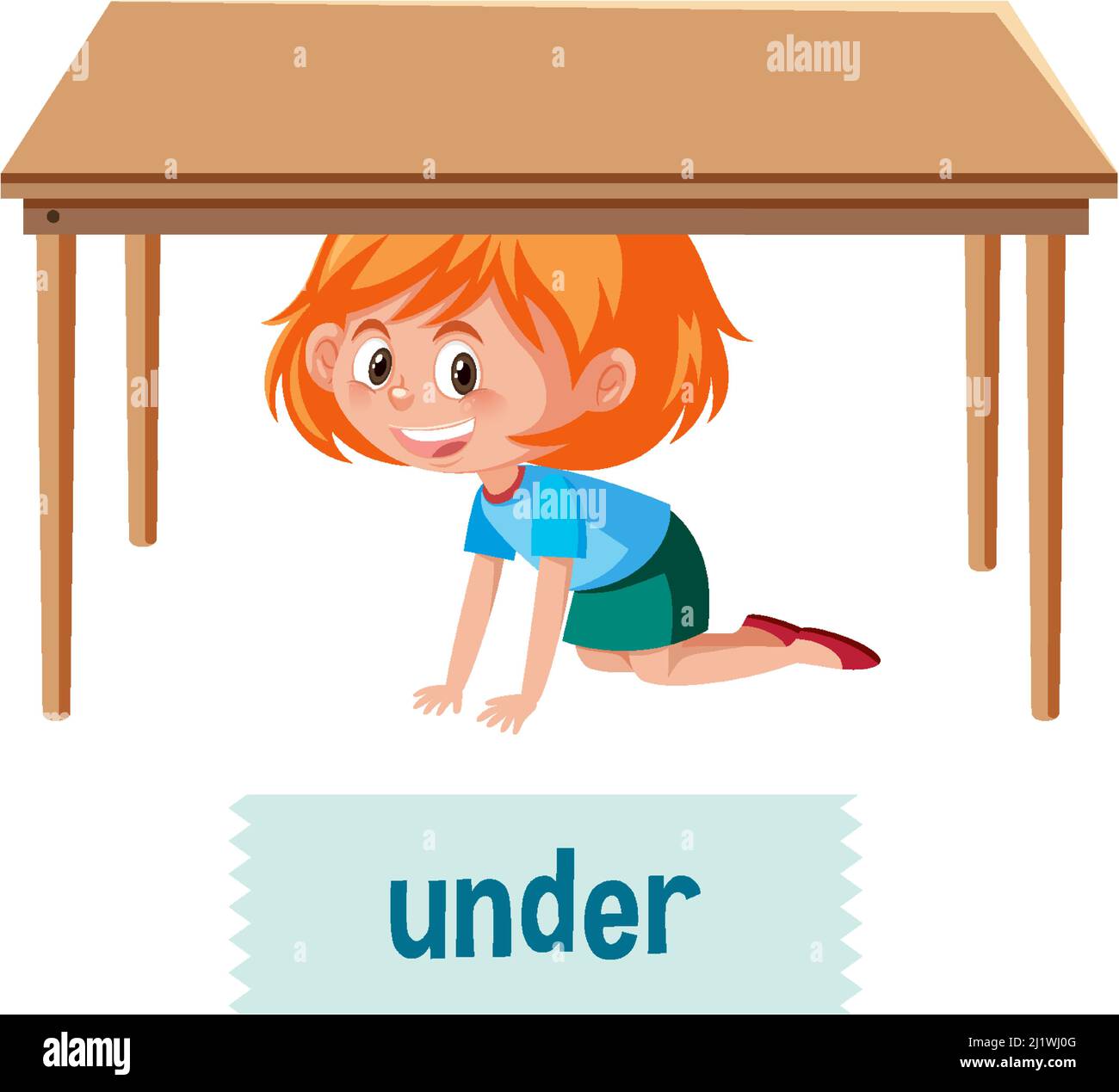 Preposition of place with cartoon girl and a table illustration Stock ...