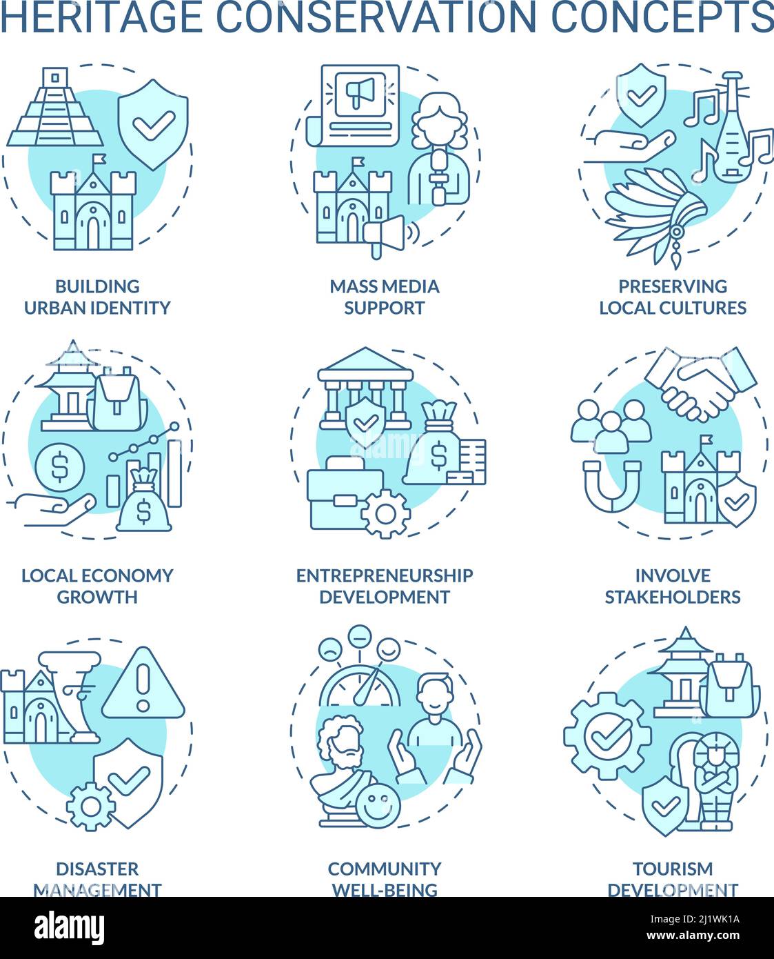 Heritage conservation turquoise concept icons set Stock Vector Image ...