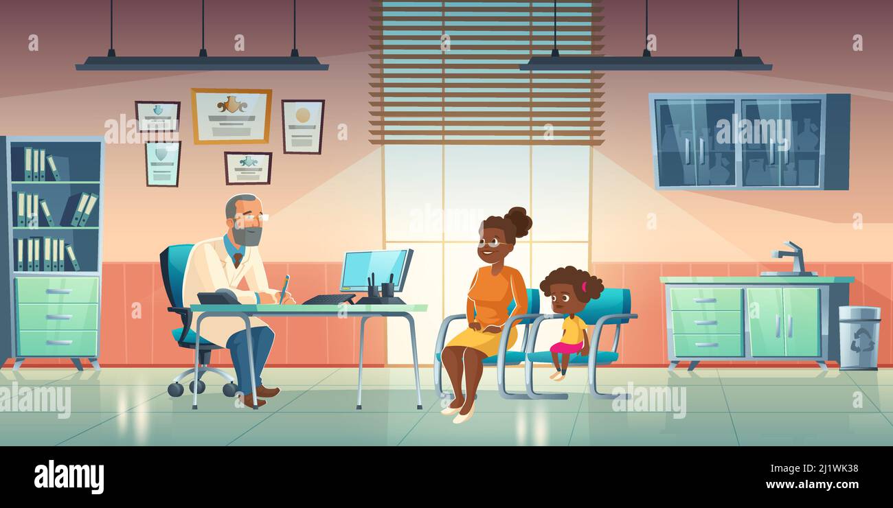 Pediatrician and woman with girl sit in medical office. Vector cartoon ...