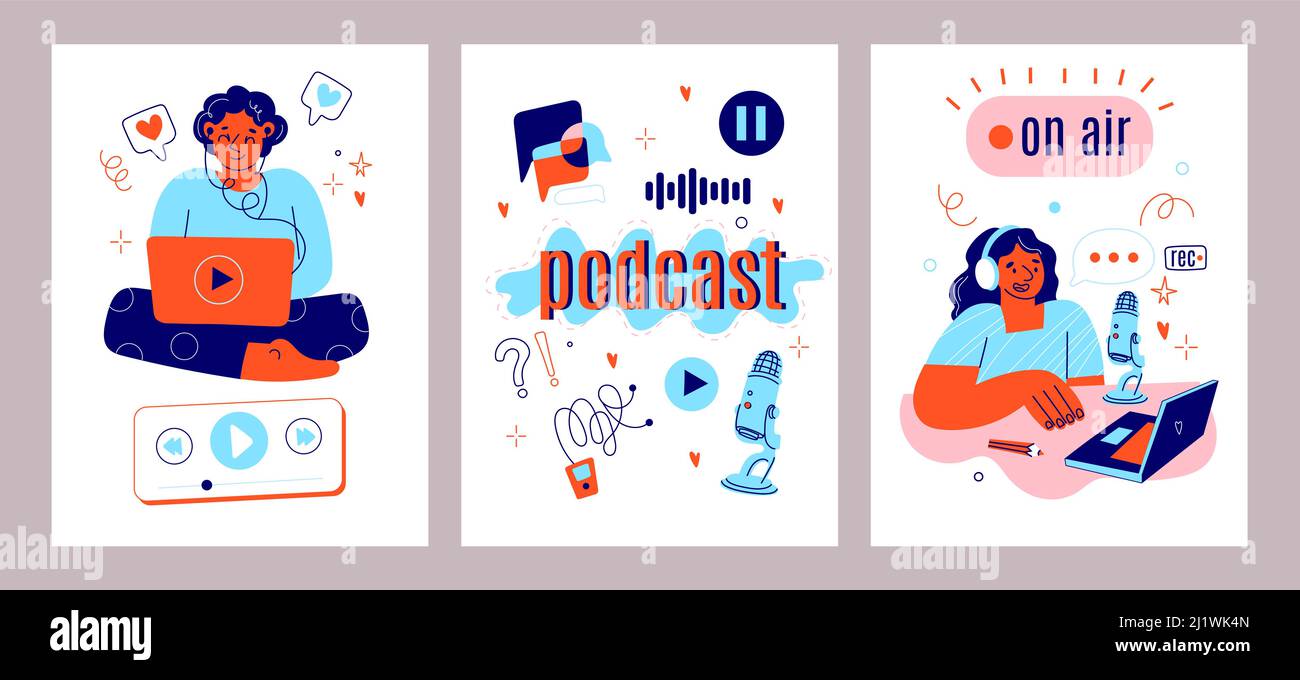 Podcast streaming cards. Bloggers in studio recording, people in ...