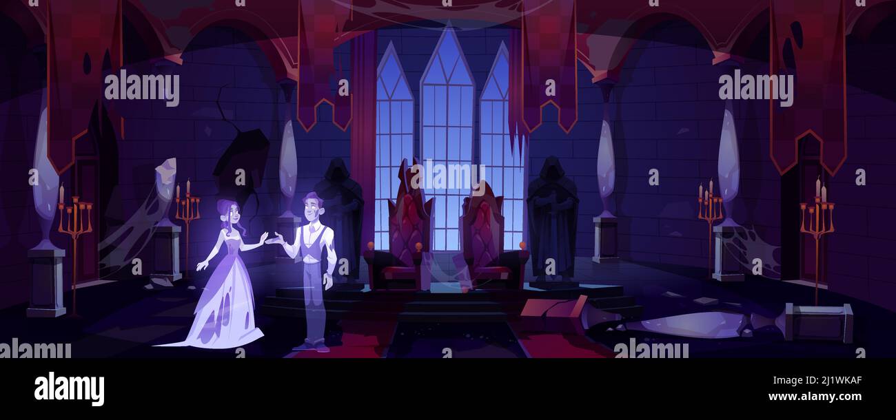 Old castle hall with ghosts couple dance in darkness. Scary throne room ...