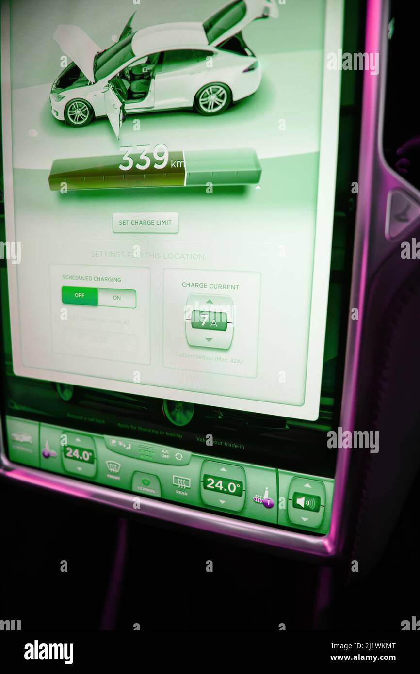 Paris, France - Nov 29, 2014: Tesla electric car dashboard with all the ...