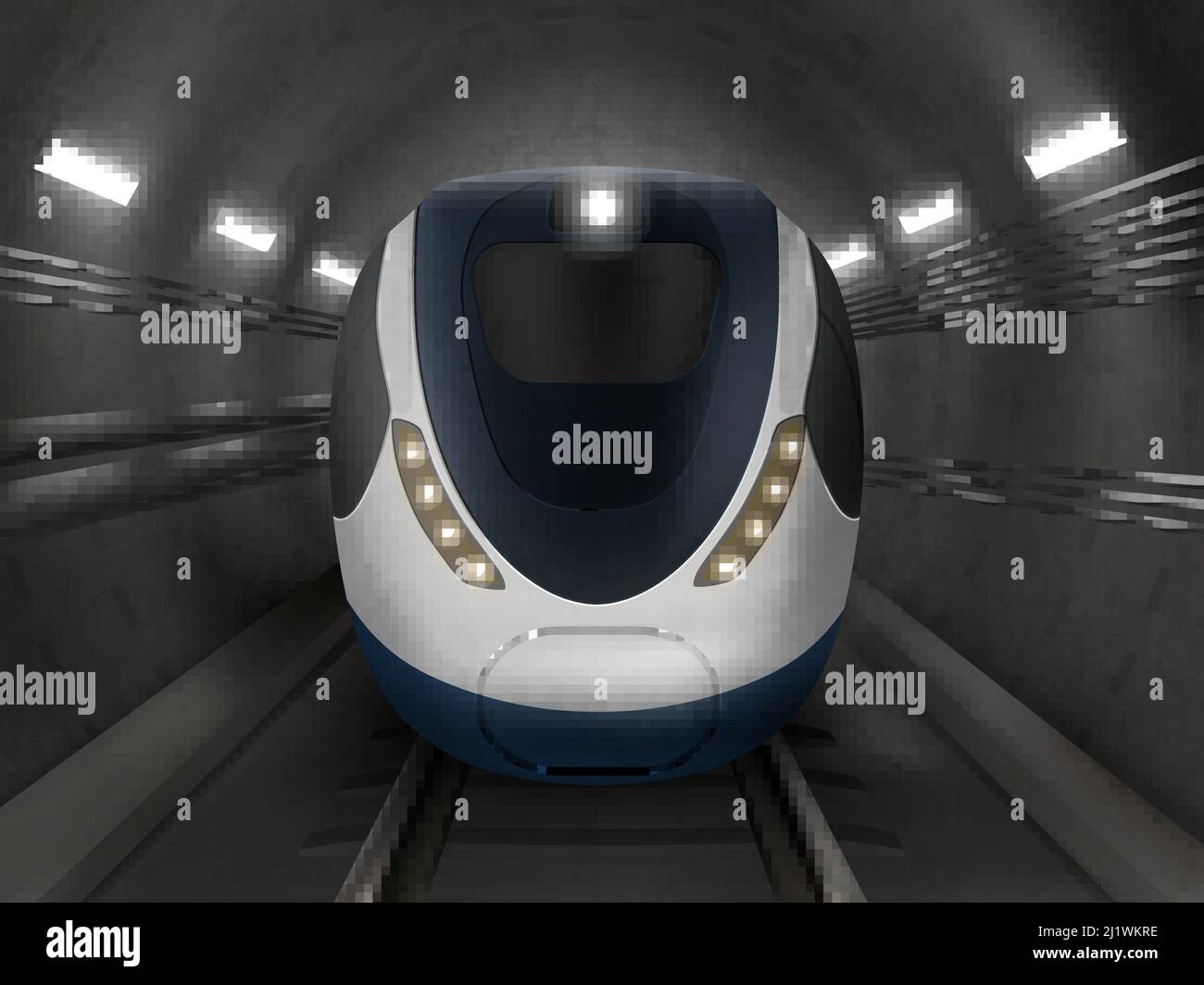 Train or metro in tunnel front view, subway locomotive on rails with windshield and illumination ...