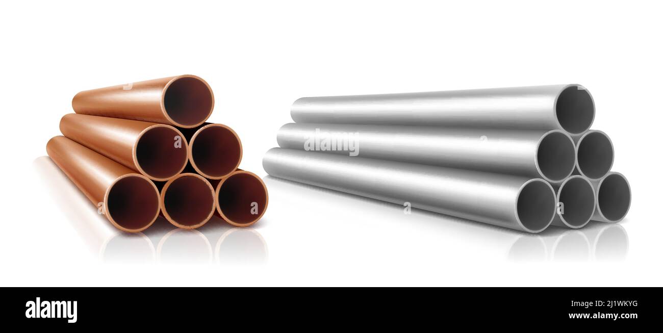 Pipes stack, straight steel or copper, metal or pvc plumbing cylinders ...
