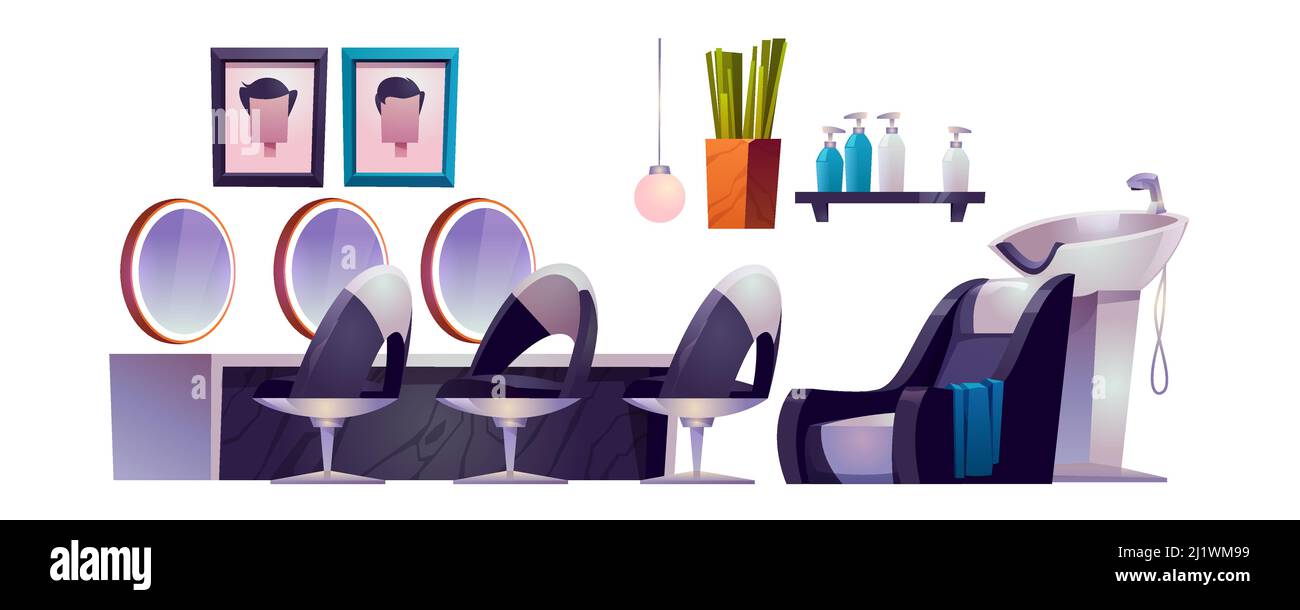 Hair salon interior with hairdresser chairs, mirrors, sink and ...