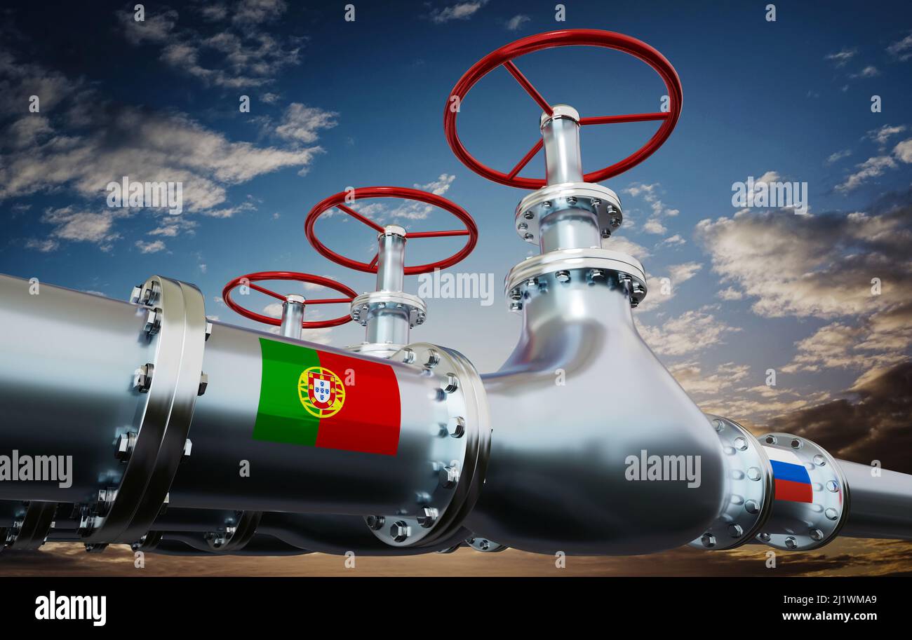 Gas pipeline, flags of Portugal and Russia - 3D illustration Stock ...