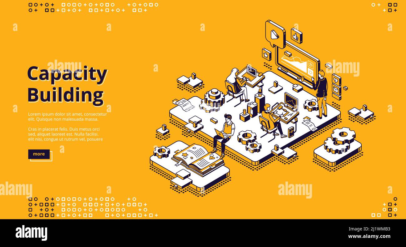 Capacity building isometric landing page. Team of business people ...