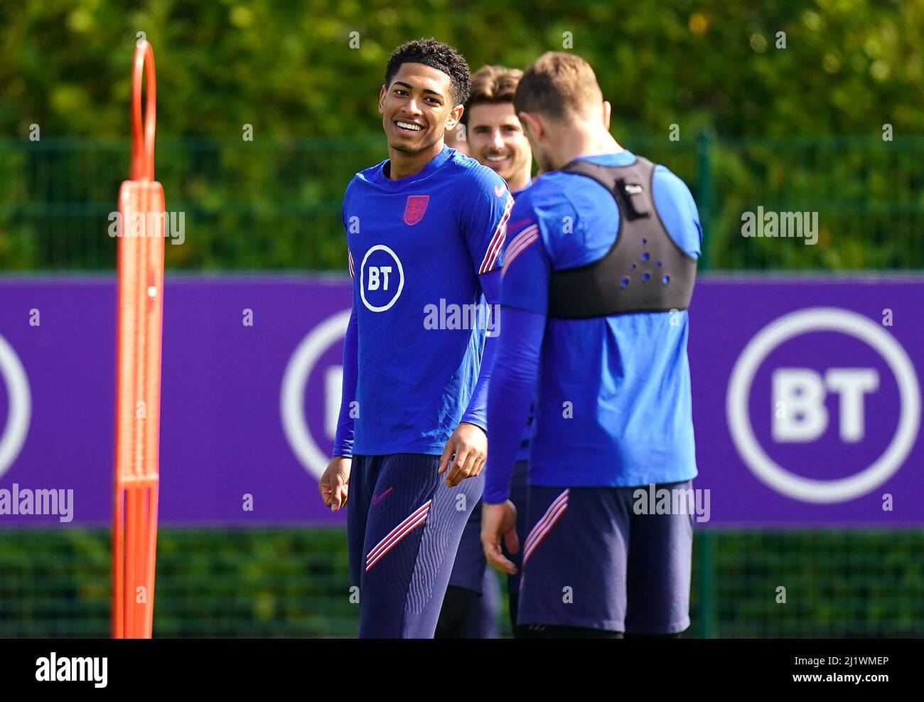 England's Jude Bellingham (left) during a training session at the ...