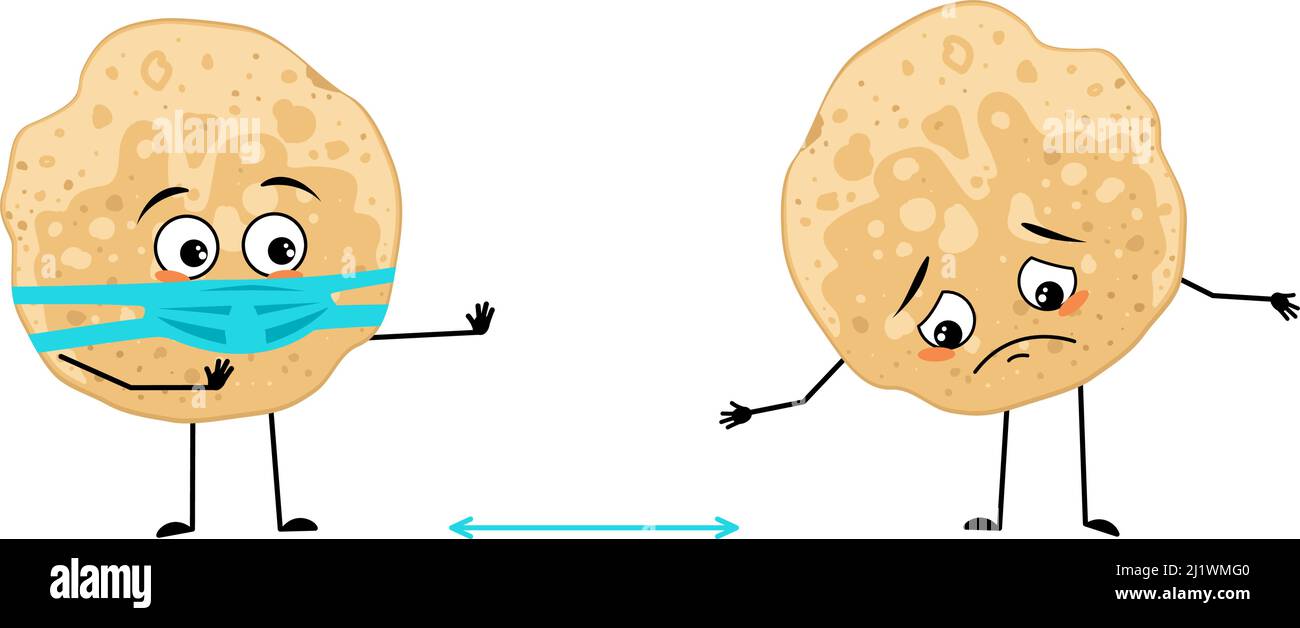 Pancake character with sad emotions, face and mask keep distance, arms ...