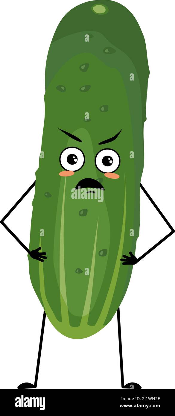 Cucumber character with angry emotions, grumpy face, furious eyes, arms ...