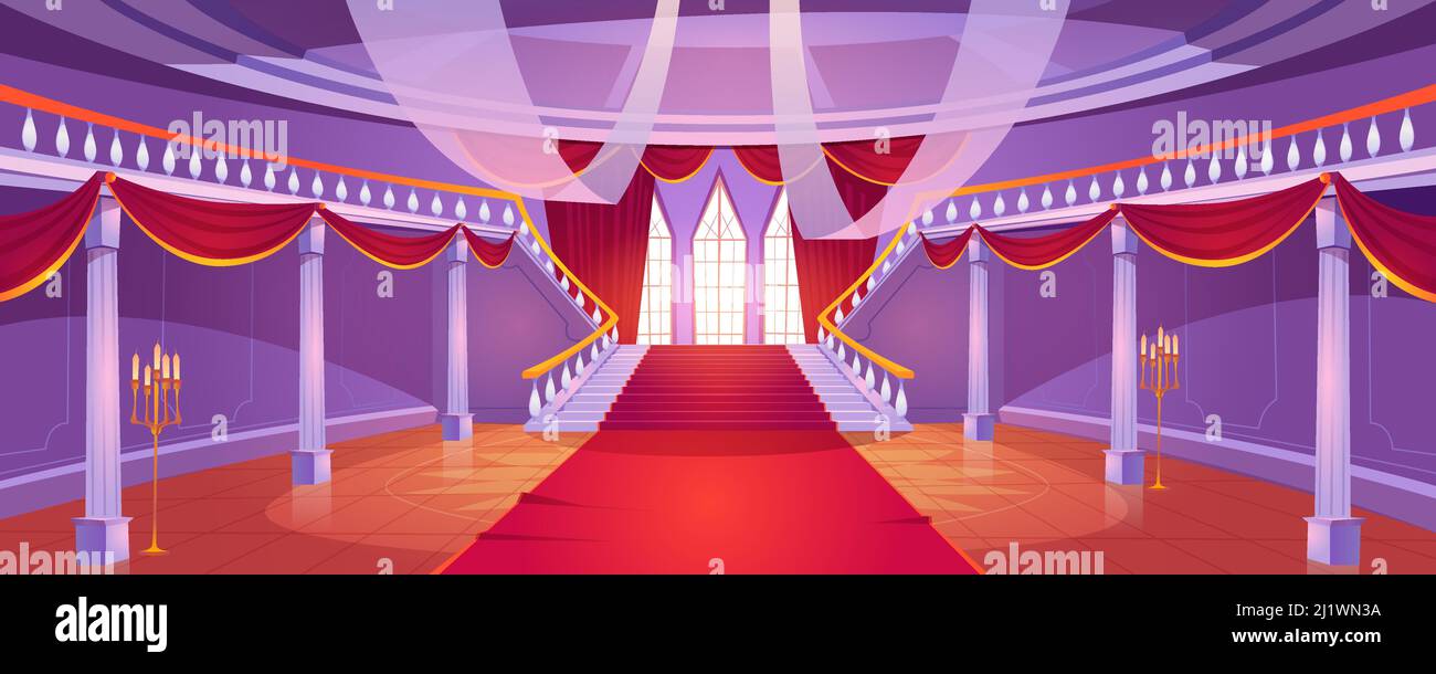 Hall interior with staircase in medieval royal castle. Vector cartoon ...