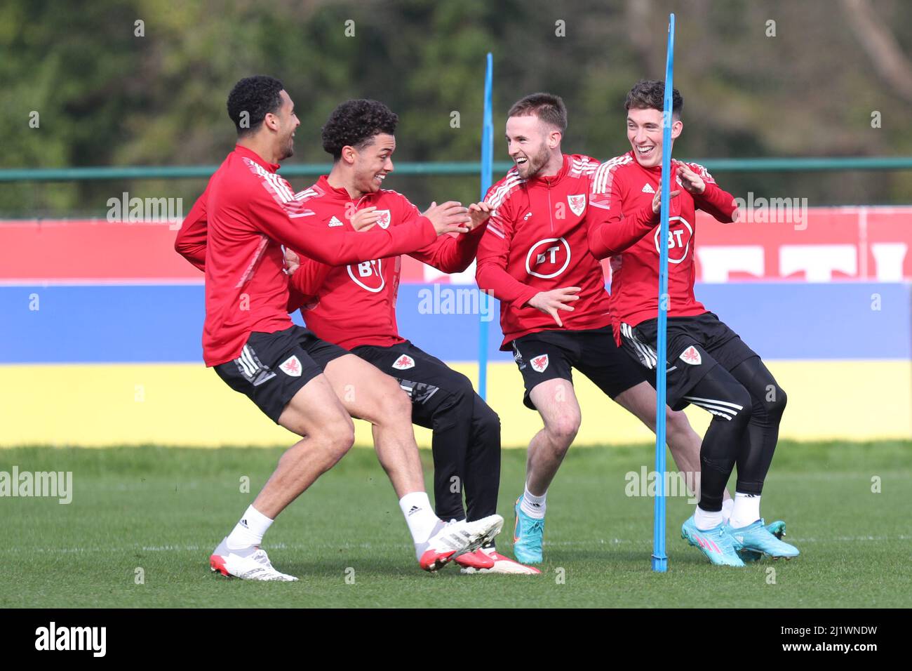 Hensol, Wales, UK. 28th Mar, 2022. Ben Cabango, Brennan Johnson, Rhys ...