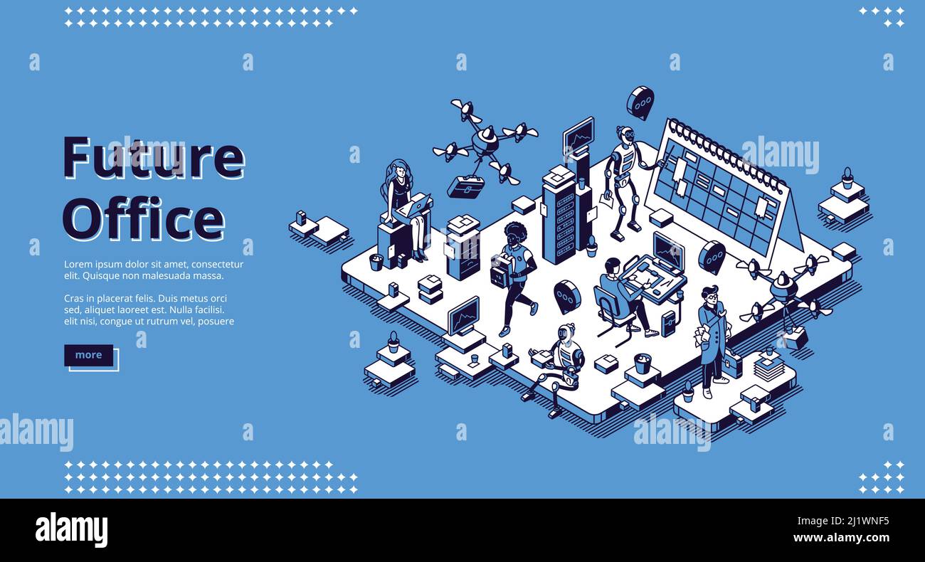 Future office isometric landing page. Human and ai robots work together ...