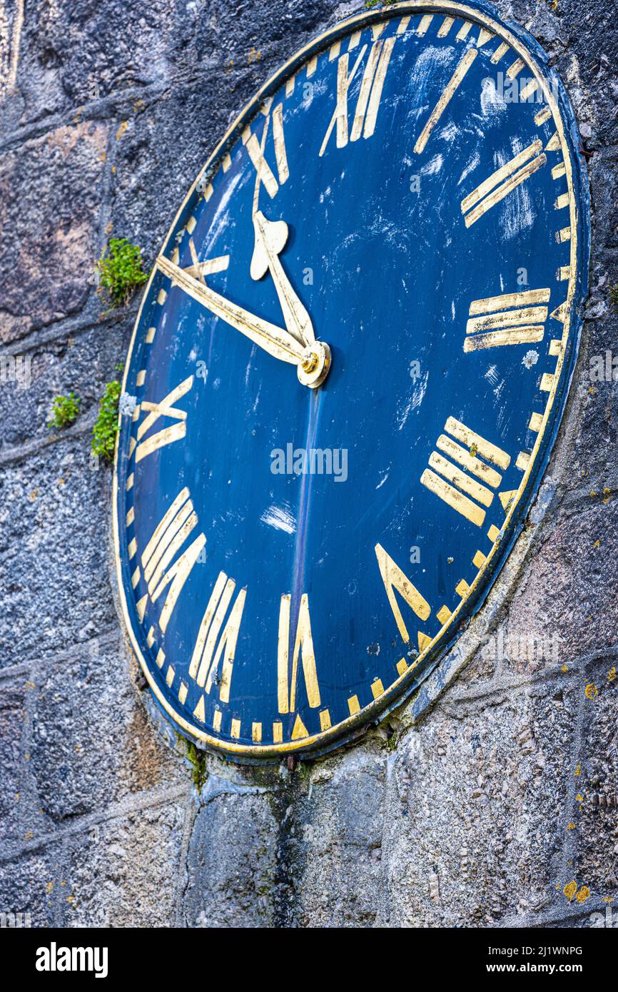 Large blue church clock, St Michael’s Church, Chagford, Dartmoor, Devon ...