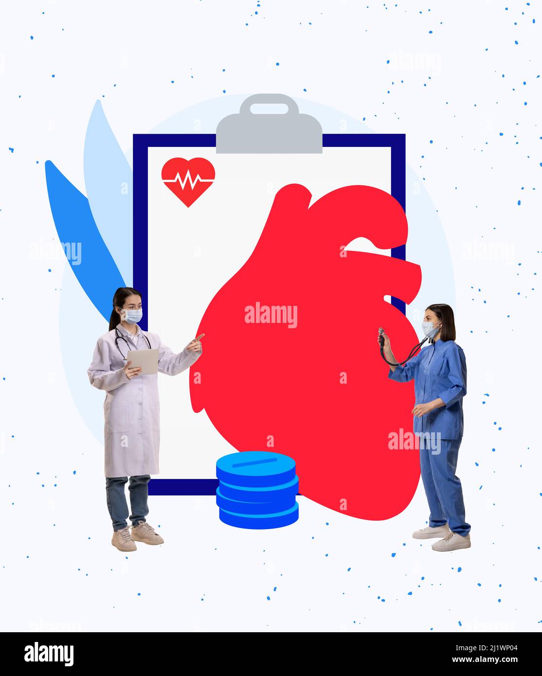 Contemporary creative art collage. Female doctor and assistant isolated ...