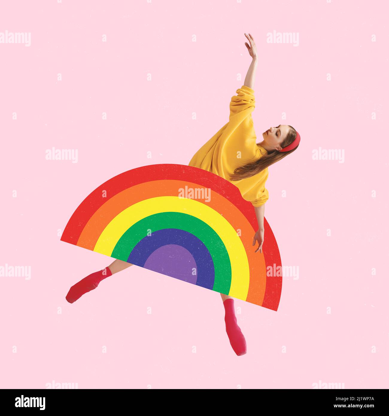 Contemporary art collage. Beautiful young girl, ballerina dancing ...