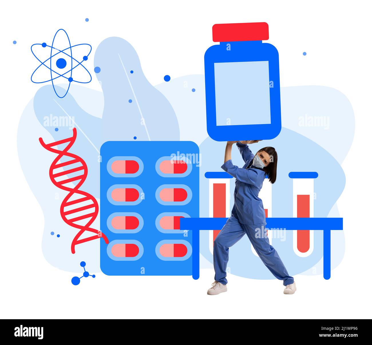 Young doctor carries huge jar of medicines. Contemporary creative art ...