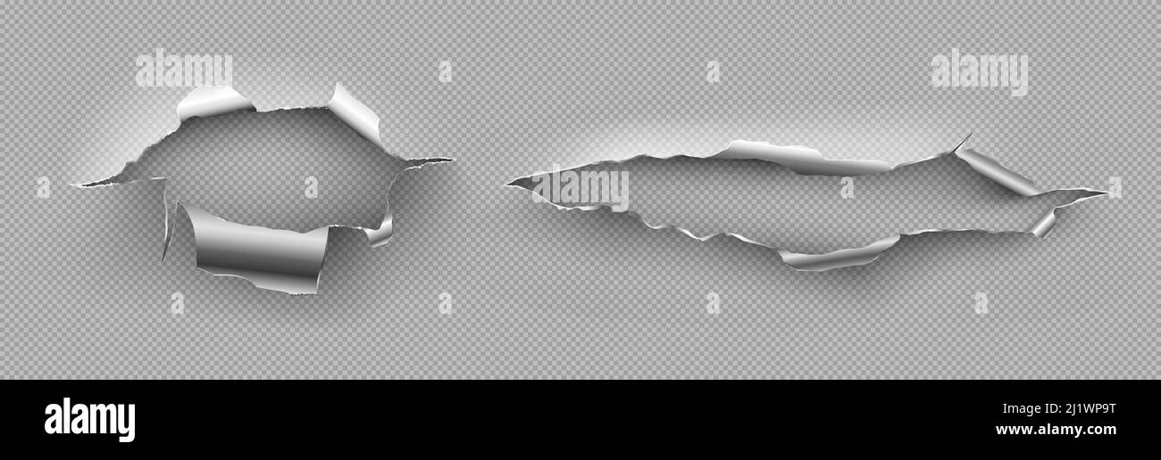 Metal rip holes with curly edges, ragged cracks, cut damage on steel ...