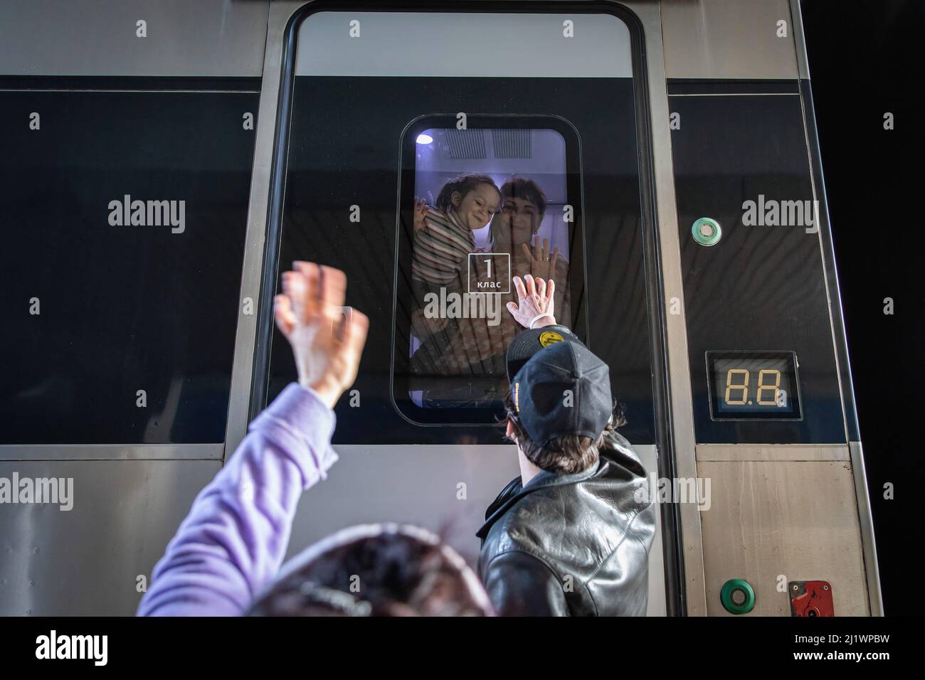 Kyiv, Ukraine. 26th Mar, 2022. People say goodbye at Kyiv Railway ...