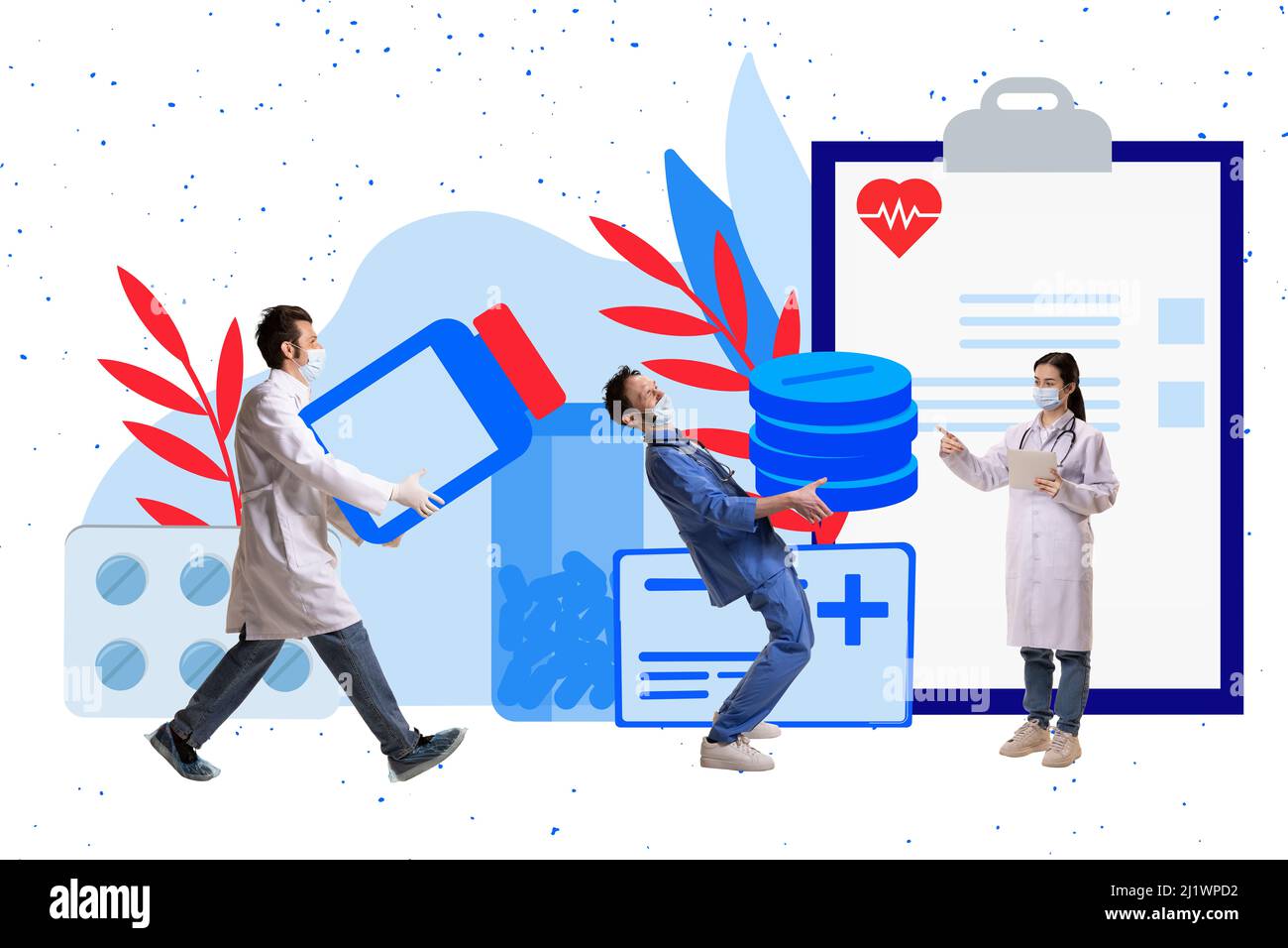 Contemporary art collage. Doctors, men and woman with drawn pills ...
