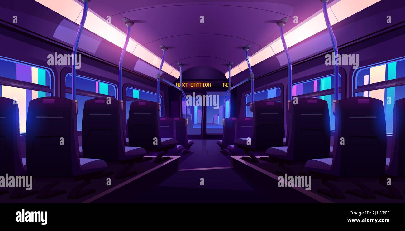 Empty bus or train interior with chairs, handrails and windows at night ...