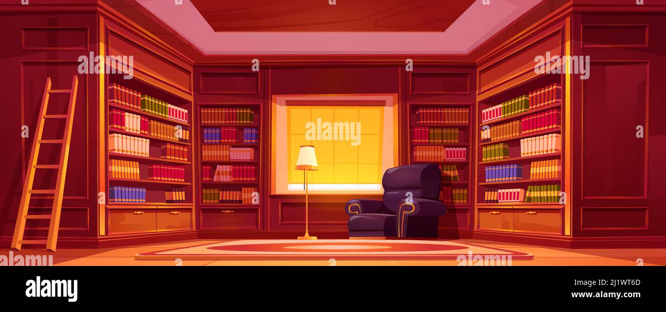 Library with bookcases, ladder, chair and lamp. Vector cartoon empty ...