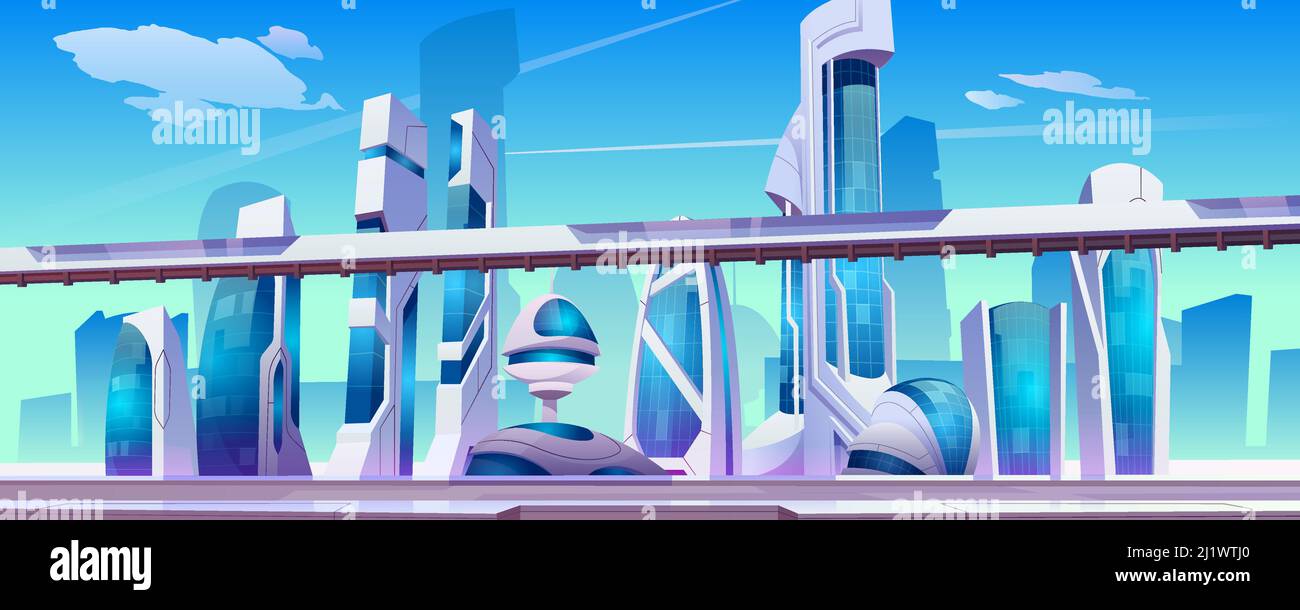 Future city street with futuristic glass buildings of unusual shapes ...