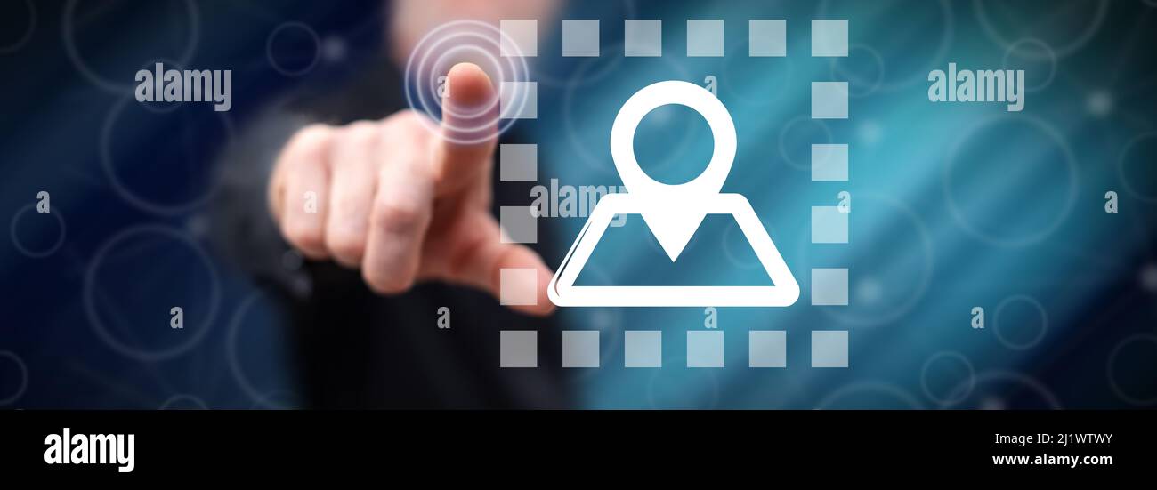 Man touching a navigation system concept on a touch screen with his ...