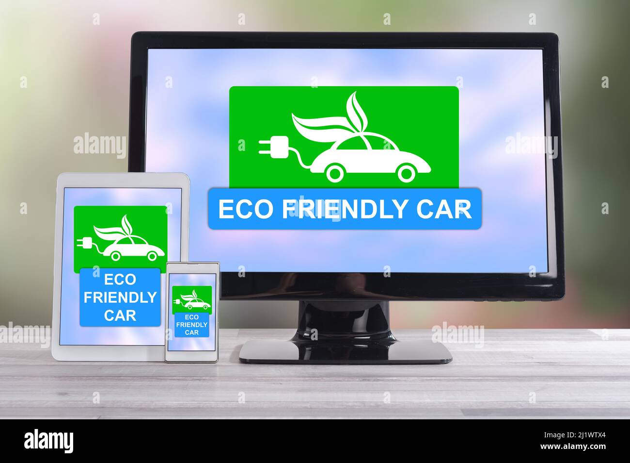 Eco friendly car concept shown on different information technology ...