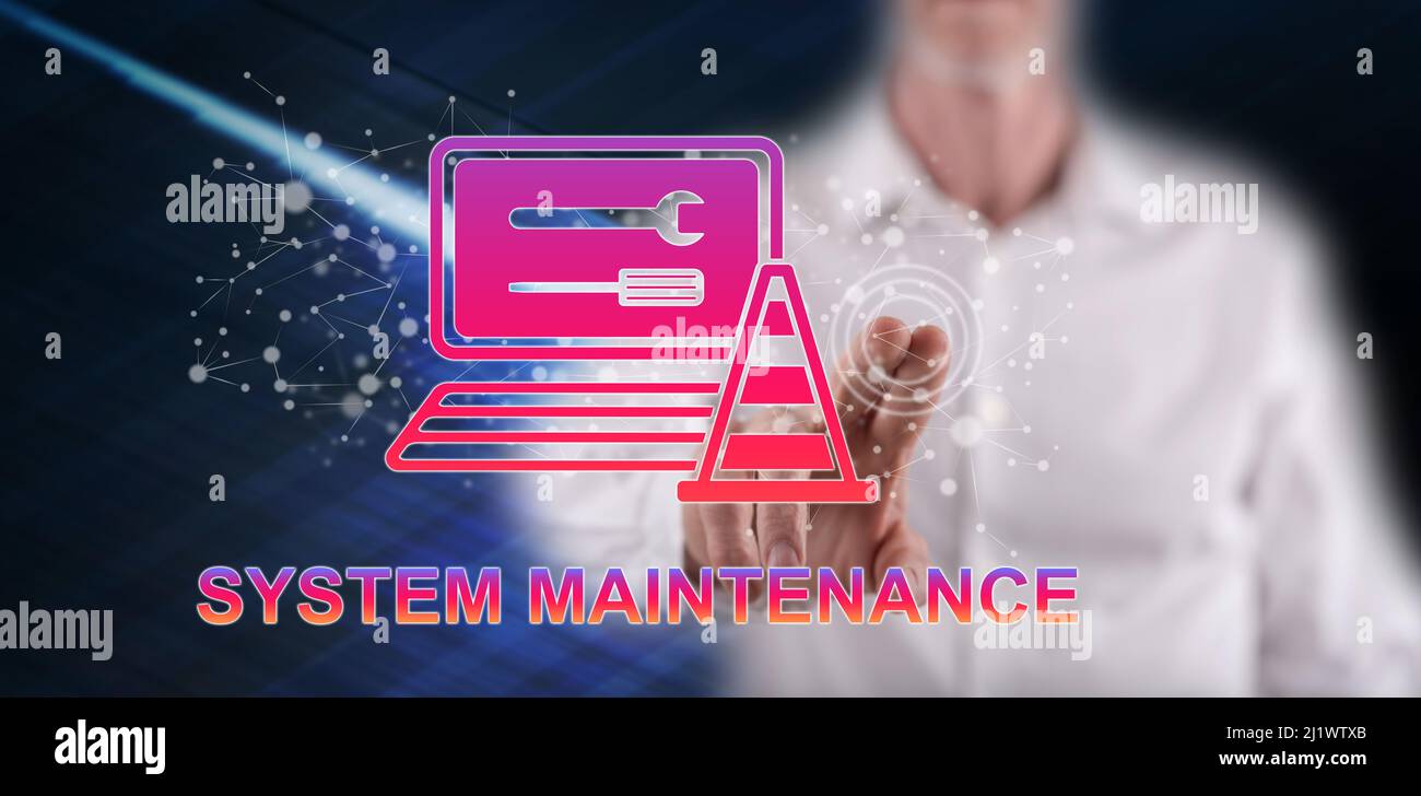 Man touching a system maintenance concept on a touch screen with his ...