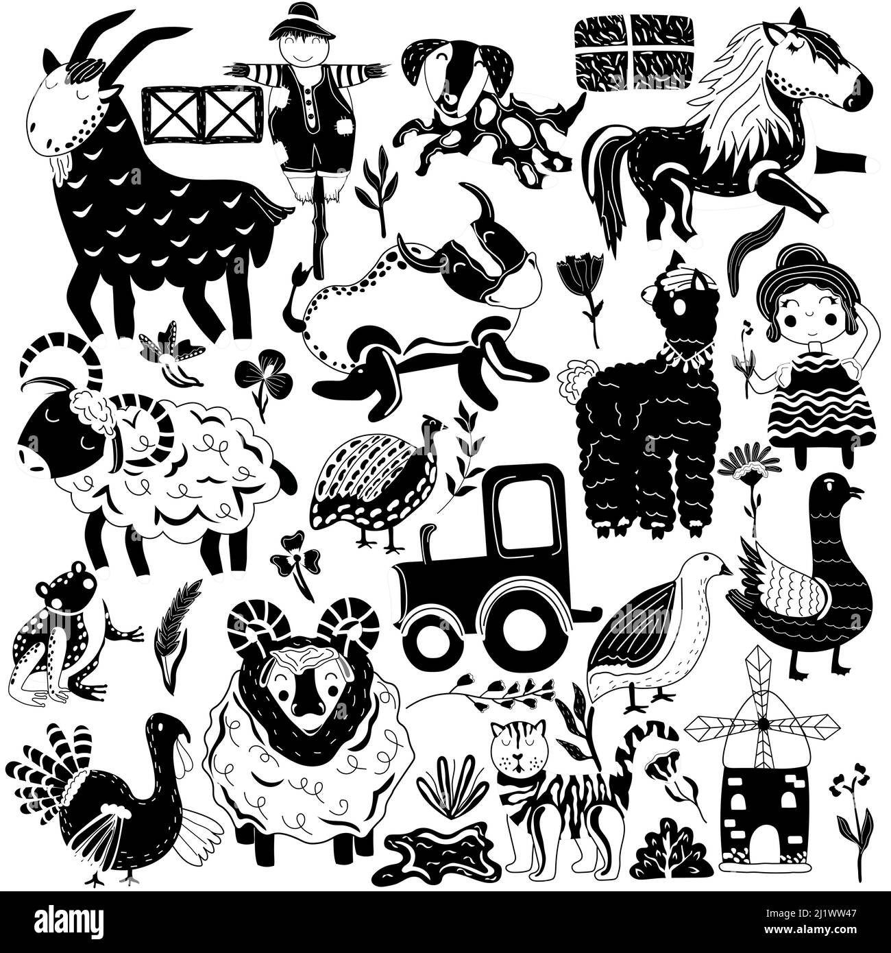 Big set of farm with animals. Pets, cat, dog, pony, bull, goat, duck ...