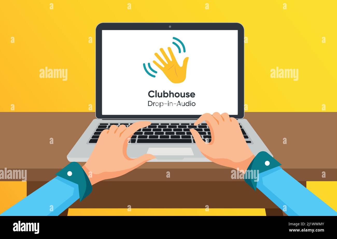 Laptop screen with Clubhouse invite logo on display. Man log in to ...