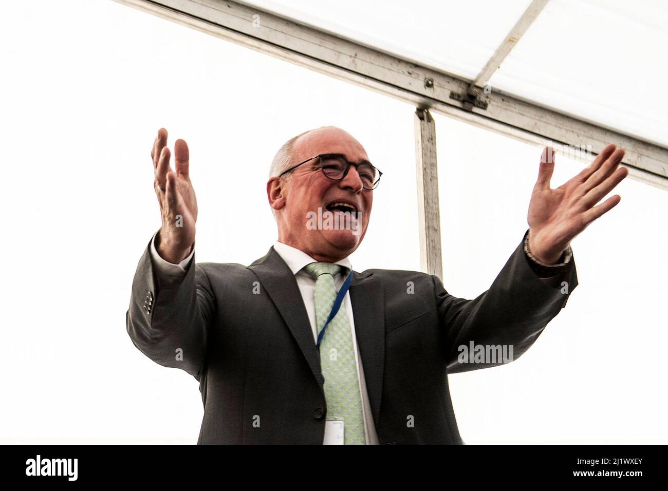 Valneva CEO Thomas Lingelbach delivers a speech following a visit of ...