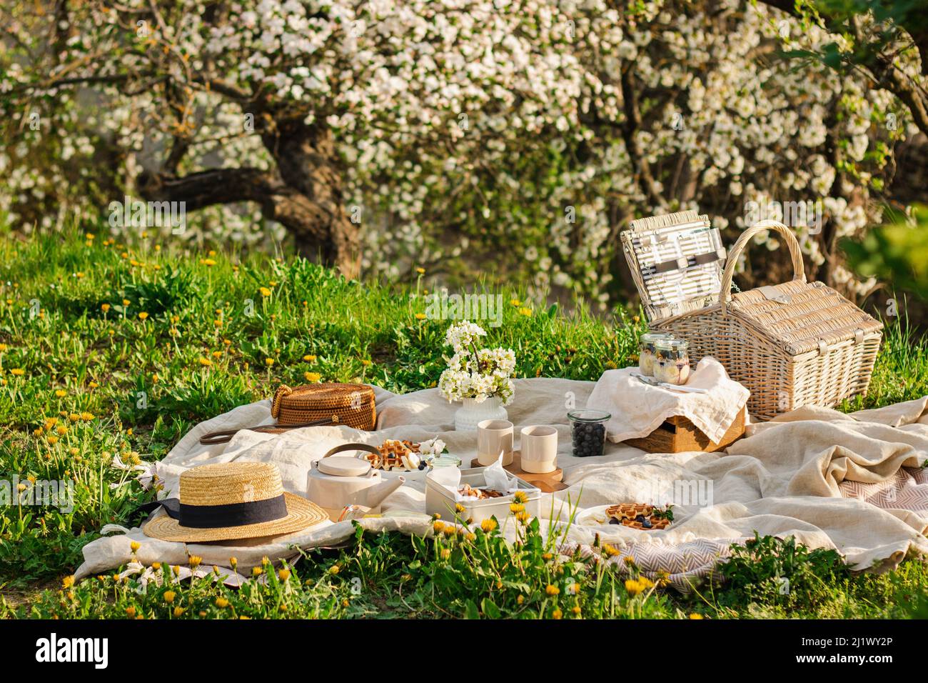 Breakfast picnic with waffles and tea in spring blossom garden on a ...