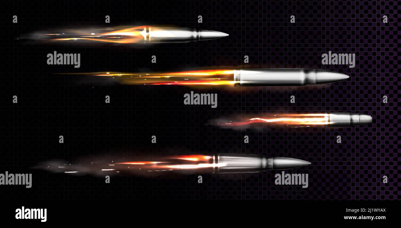 Flying bullets with fire and smoke traces. Shooting military handgun ...