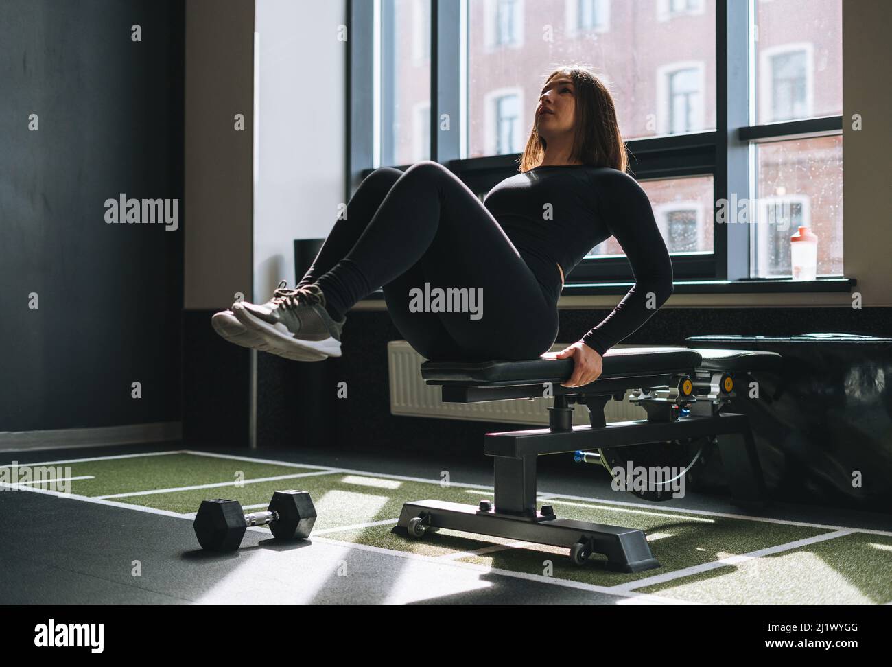 Young brunette woman training her muscles on bench in fitness club gym ...