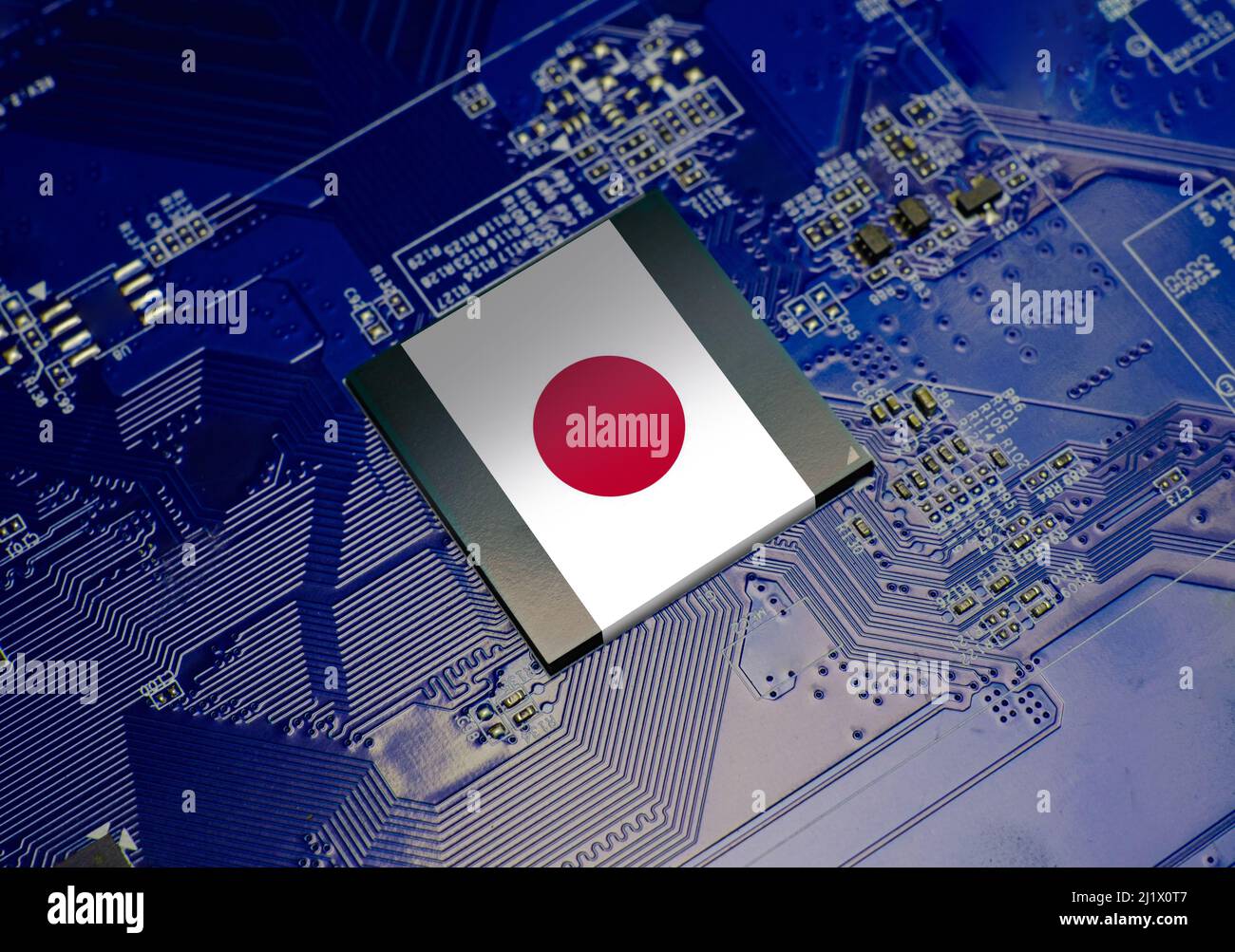 Japanese flag on CPU operating chipset computer electronic circuit ...