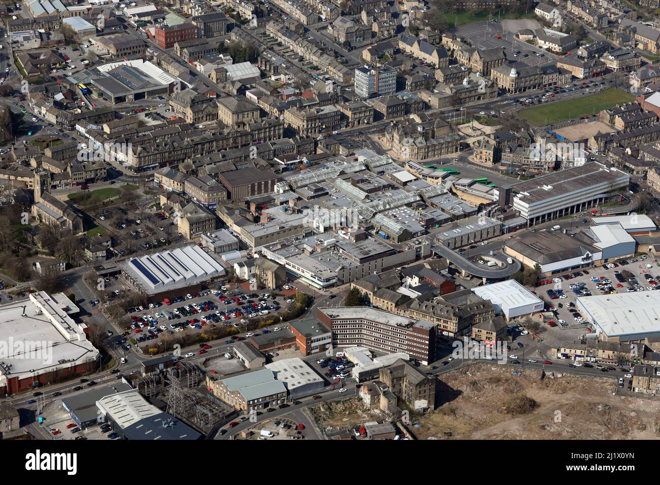 aerial view of Keighley town centre with Airedale Shopping Centre & The ...