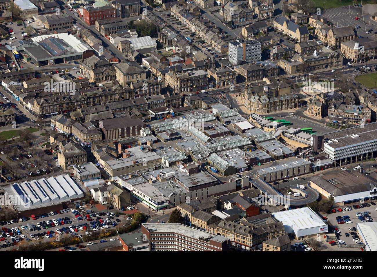 aerial view of Keighley town centre with Airedale Shopping Centre & The ...