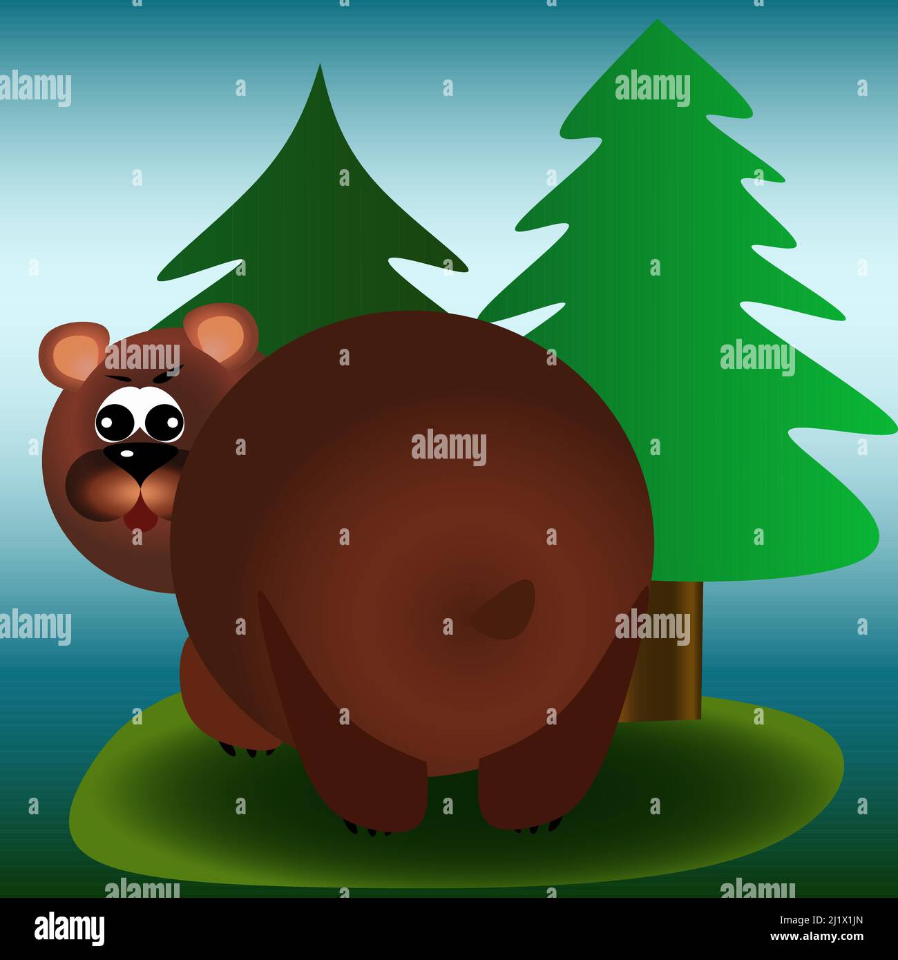 Brown bear from the back in the forest children's illustration Stock ...