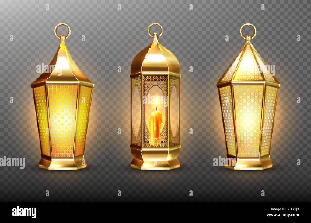 Vintage gold arabic lanterns with glowing candles. Vector realistic set ...