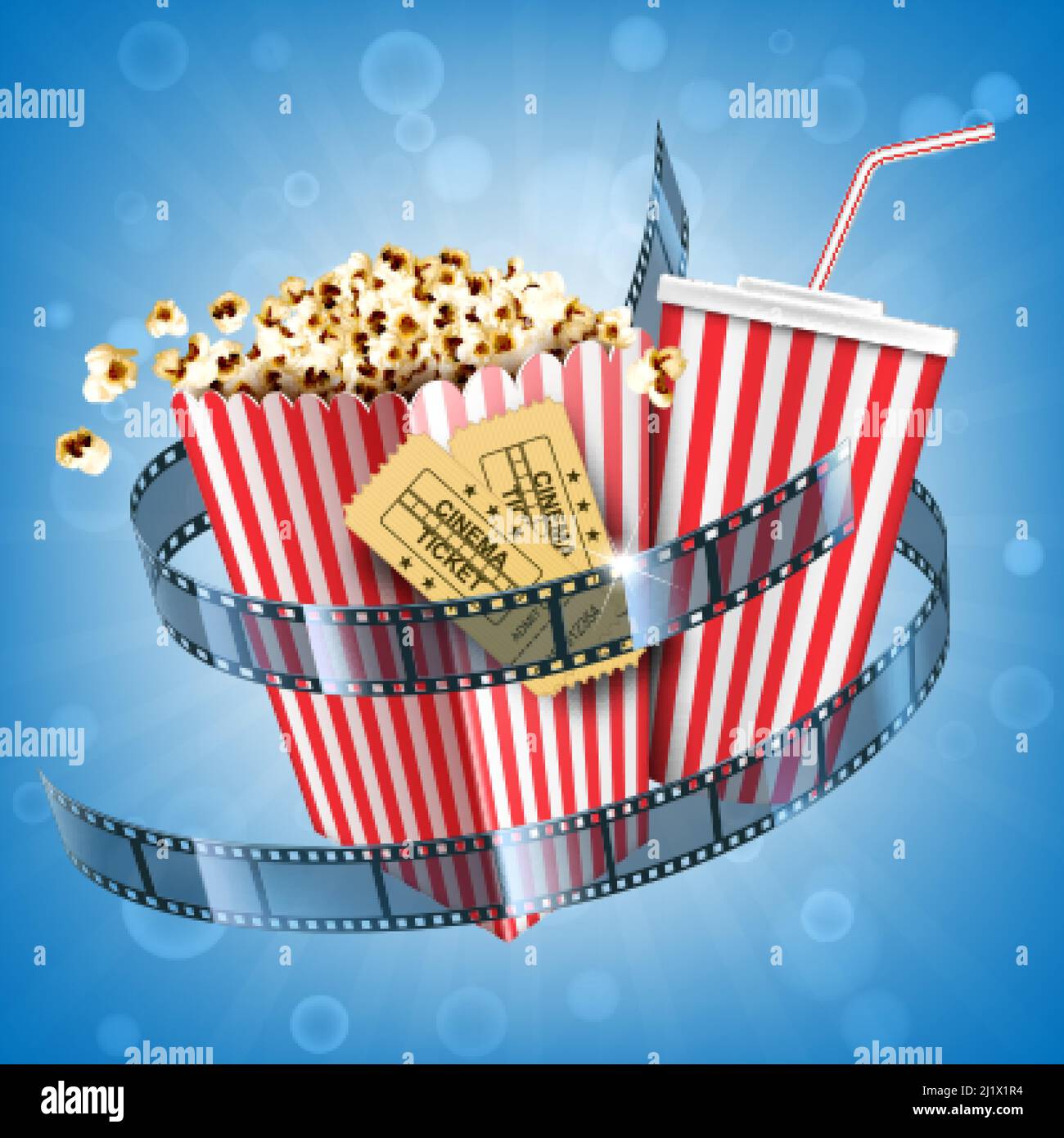 Cinema popcorn, soda drink, tickets and film strip movie poster with ...
