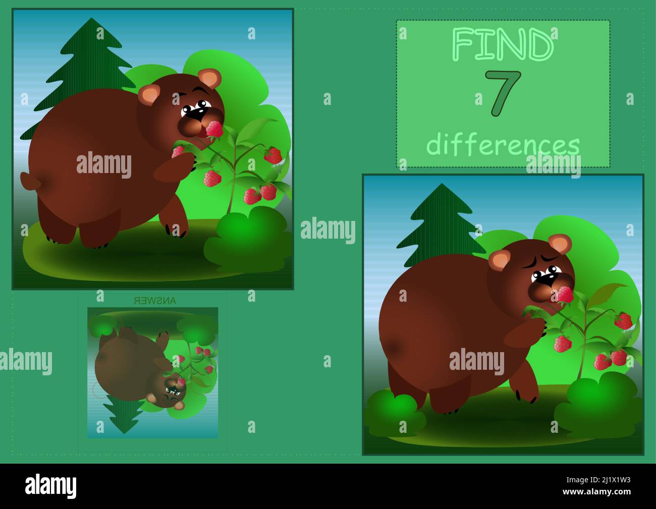 Find 7 differences brown bear in the forest eating raspberries children ...