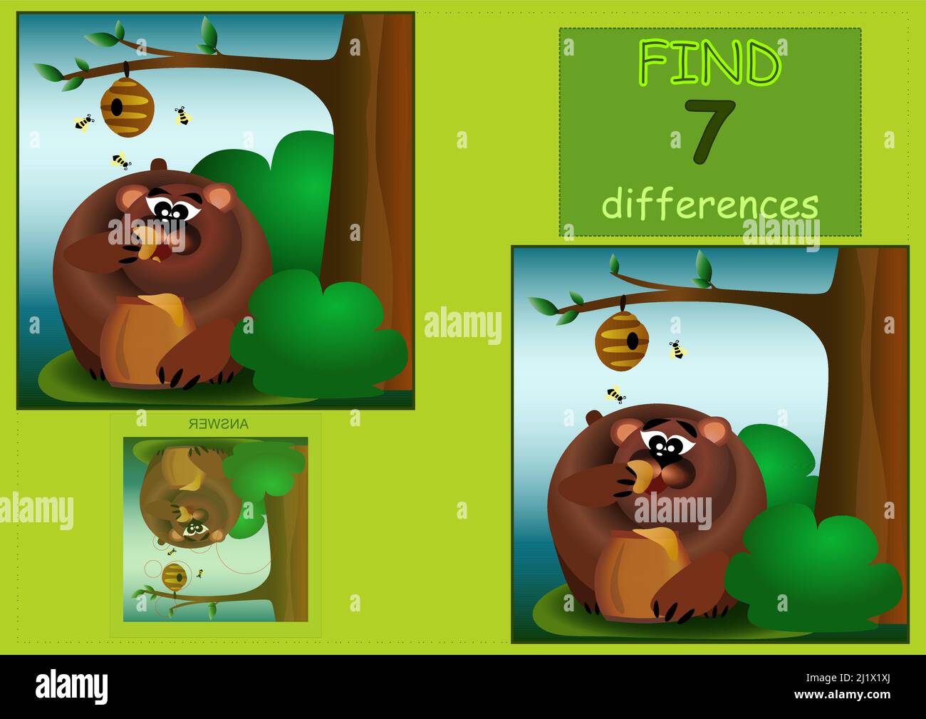 Find 7 differences brown bear in the forest eating honey next to bees ...