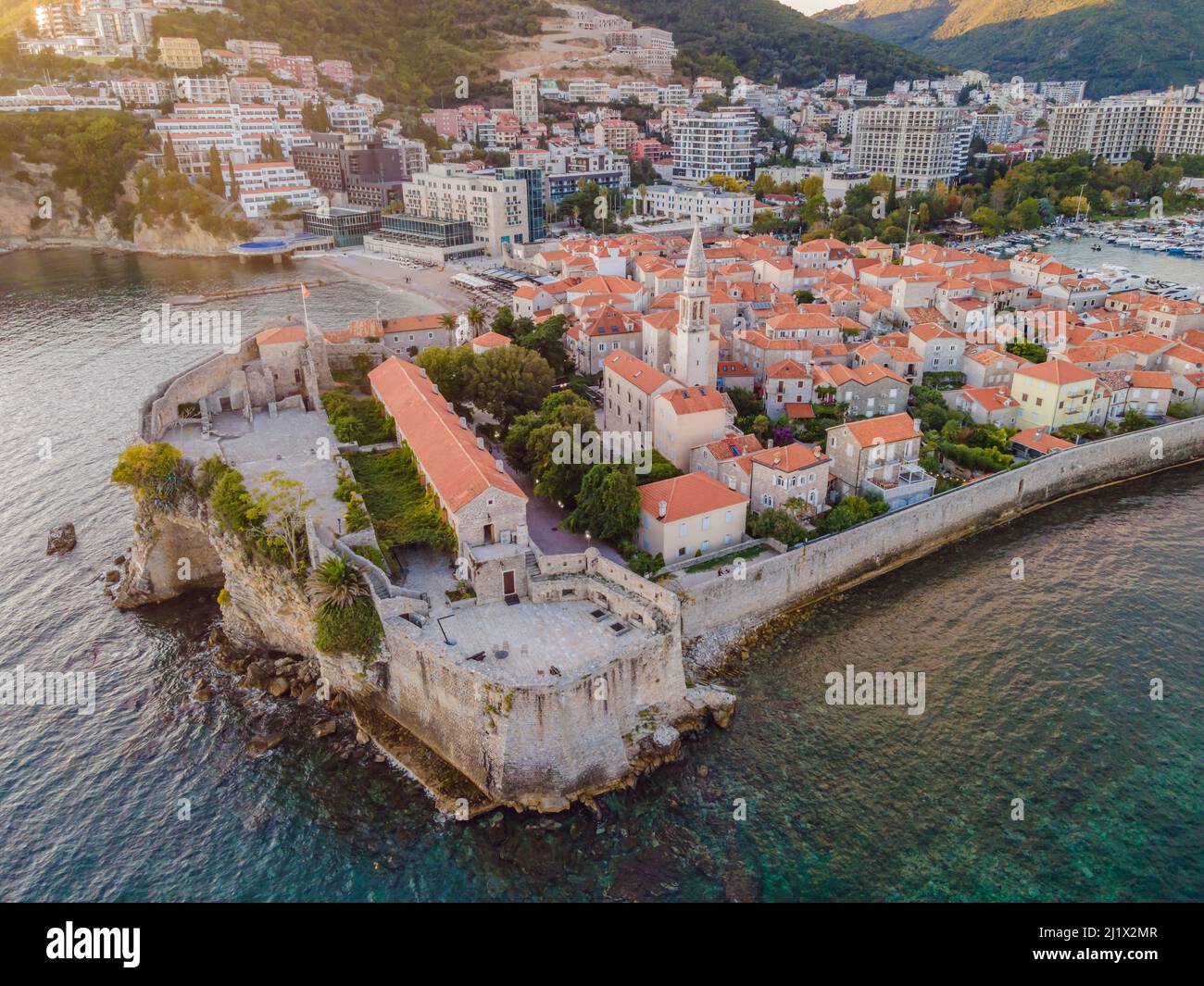 Old town in Budva in a beautiful summer day, Montenegro. Aerial image ...