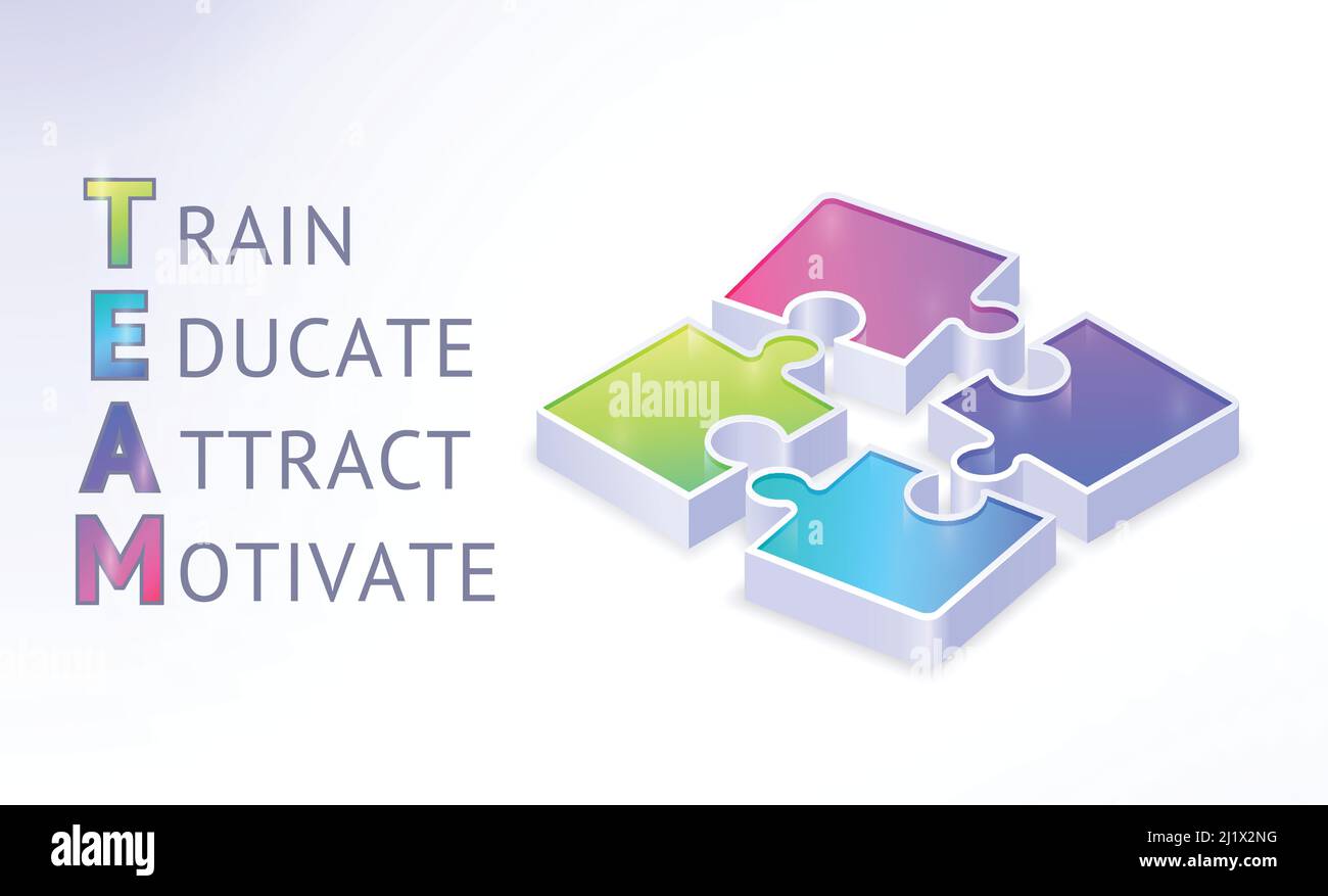 Team isometric banner with puzzle pieces and abbreviation of words ...