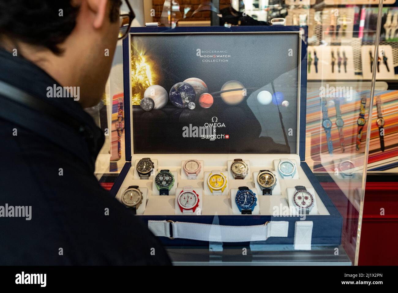 London, UK. 28 March 2022. MoonSwatch watches on display at the Swatch ...