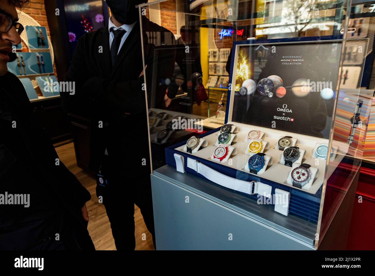 London, UK. 28 March 2022. MoonSwatch watches on display at the Swatch ...