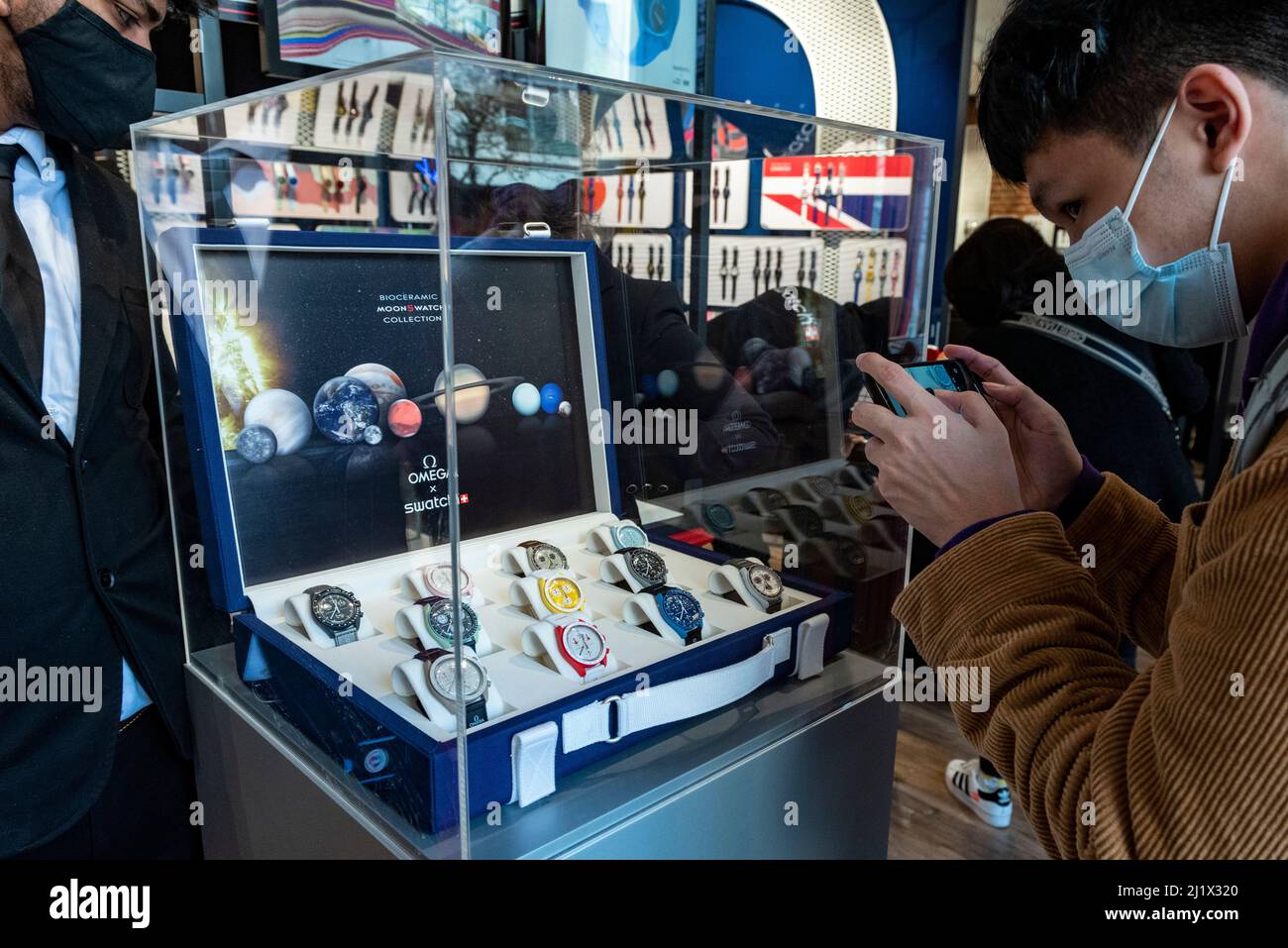 London, UK. 28 March 2022. MoonSwatch watches on display at the Swatch ...