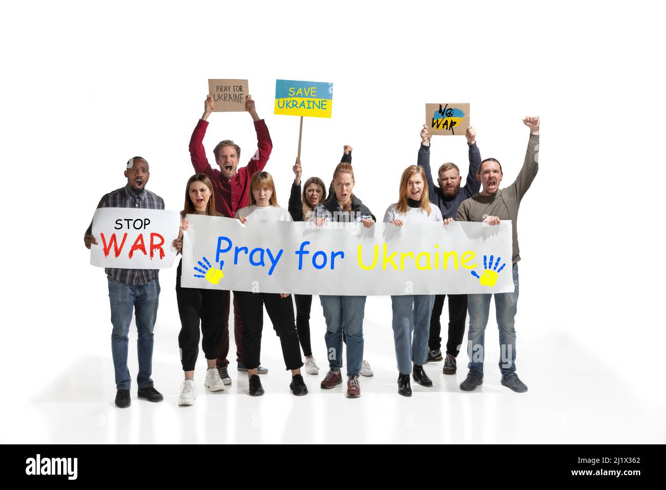 Collage. Active people standing with cardboard posters and saying to ...